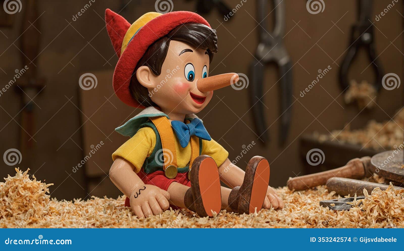 Cheerful Pinocchio Puppet with Long Nose Red Hat and Yellow Suspenders ...