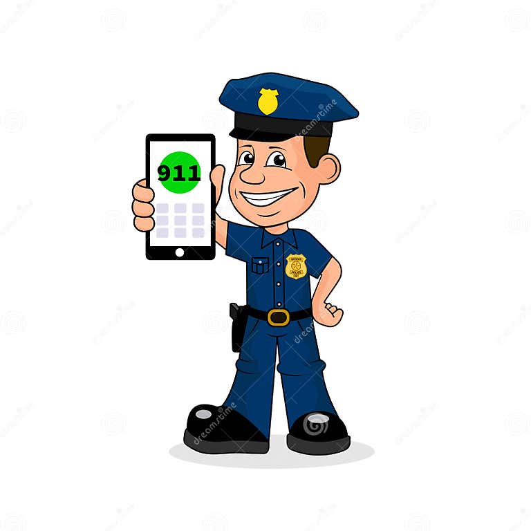 Cheerful Policeman with Phone in Hand Calling 911 Vector Illustration ...