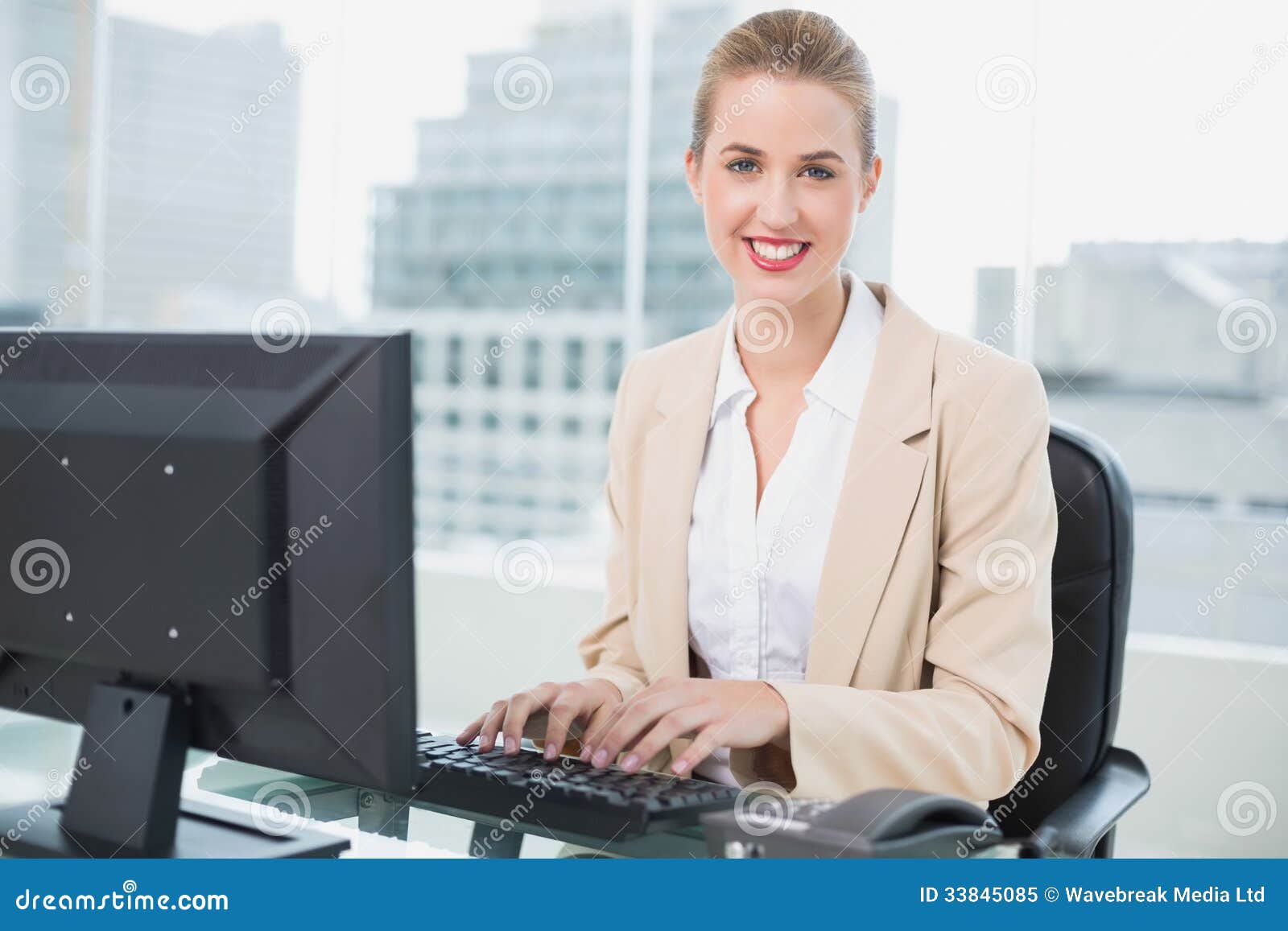 Cheerful Pretty Businesswoman Working on Computer Stock Image - Image ...