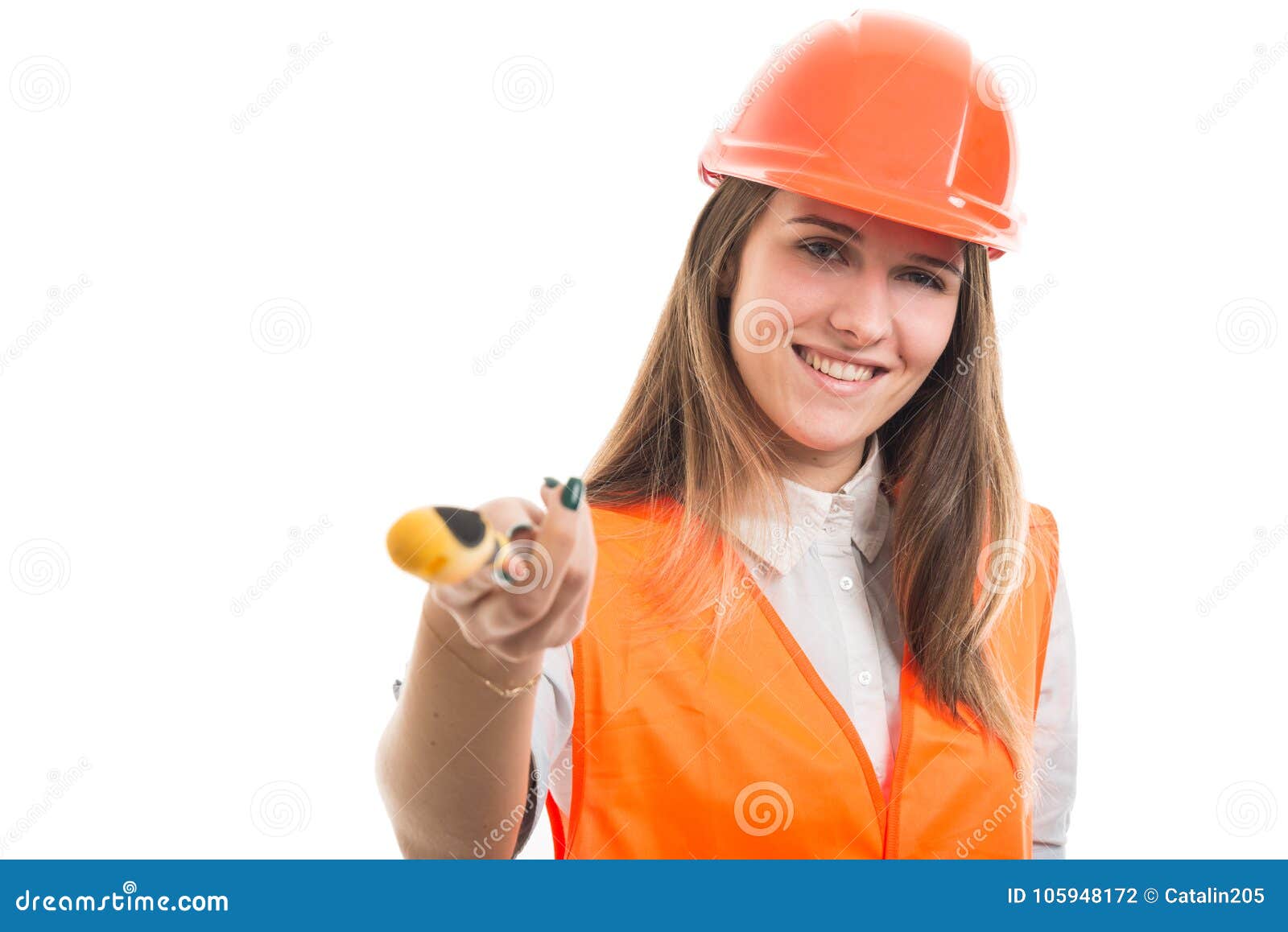Cheerful Pretty Female Engineer Offering a Stock Photo - Image of girl ...