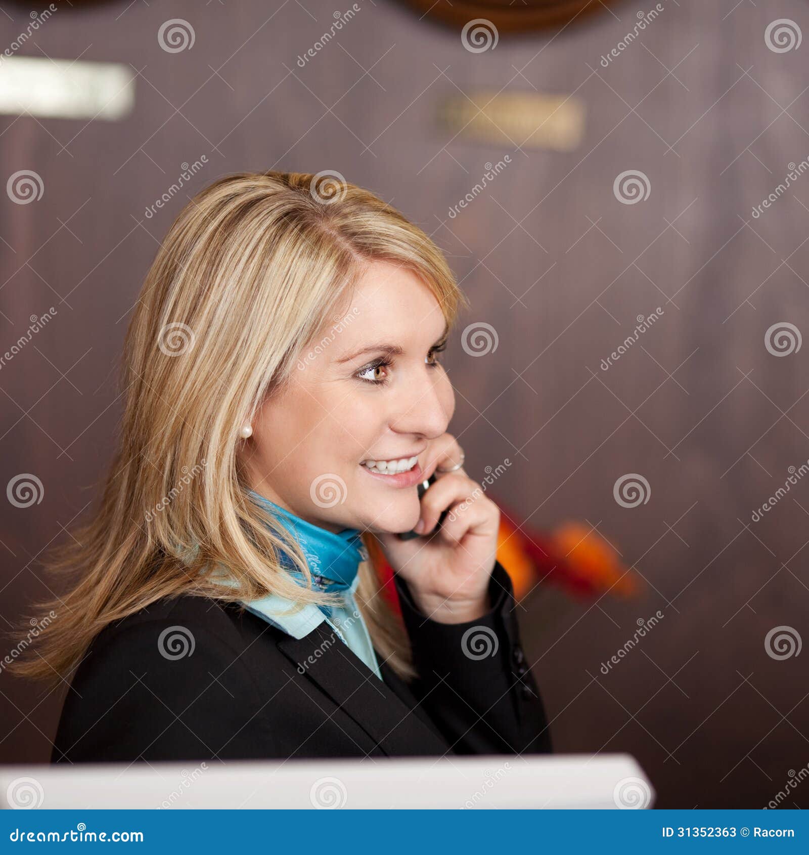 Cheerful Receptionist Using Telephone Stock Image - Image of closeup ...