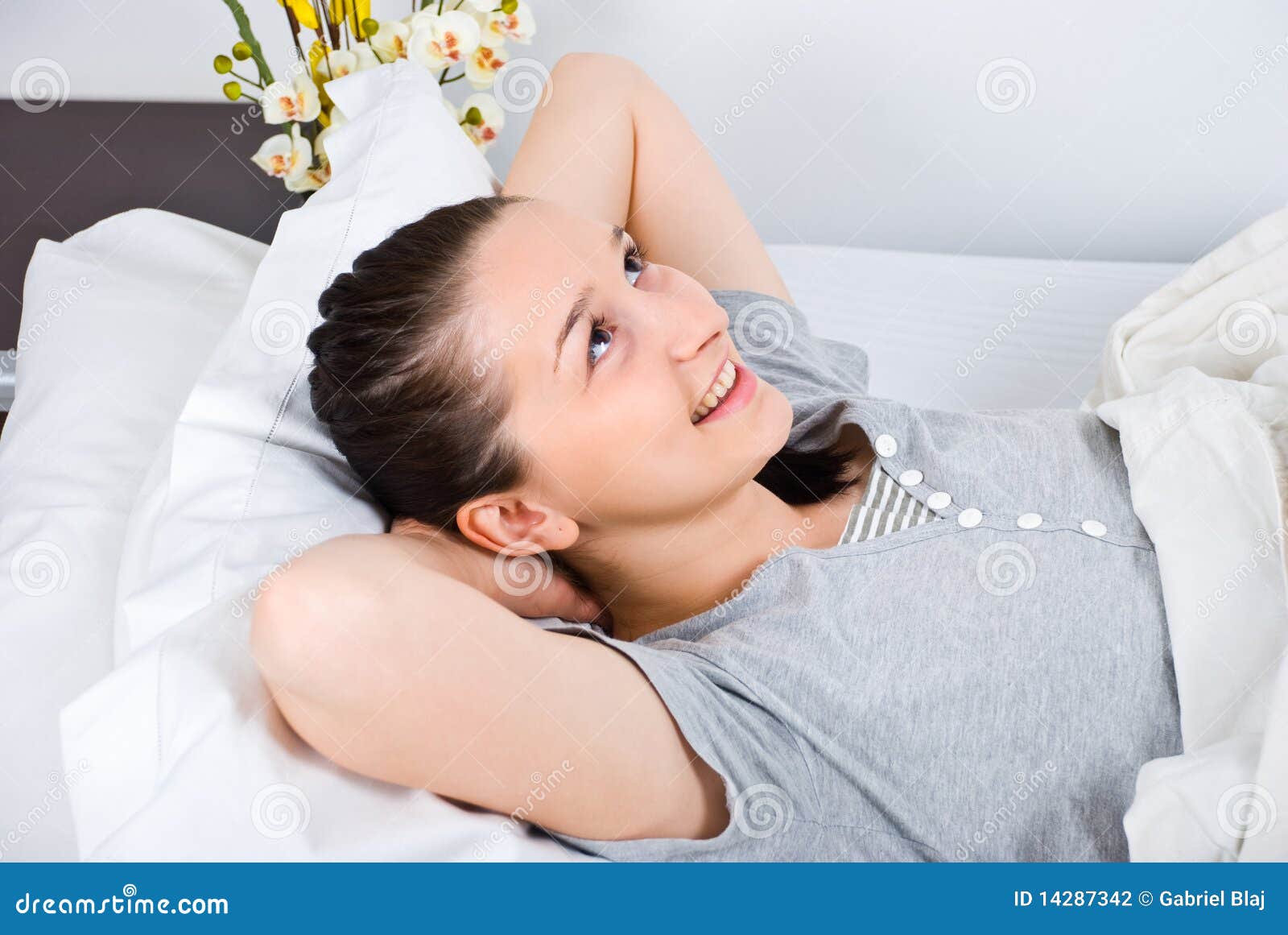 Cheerful Relaxed Woman on Bed Stock Photo - Image of closeup, adult ...