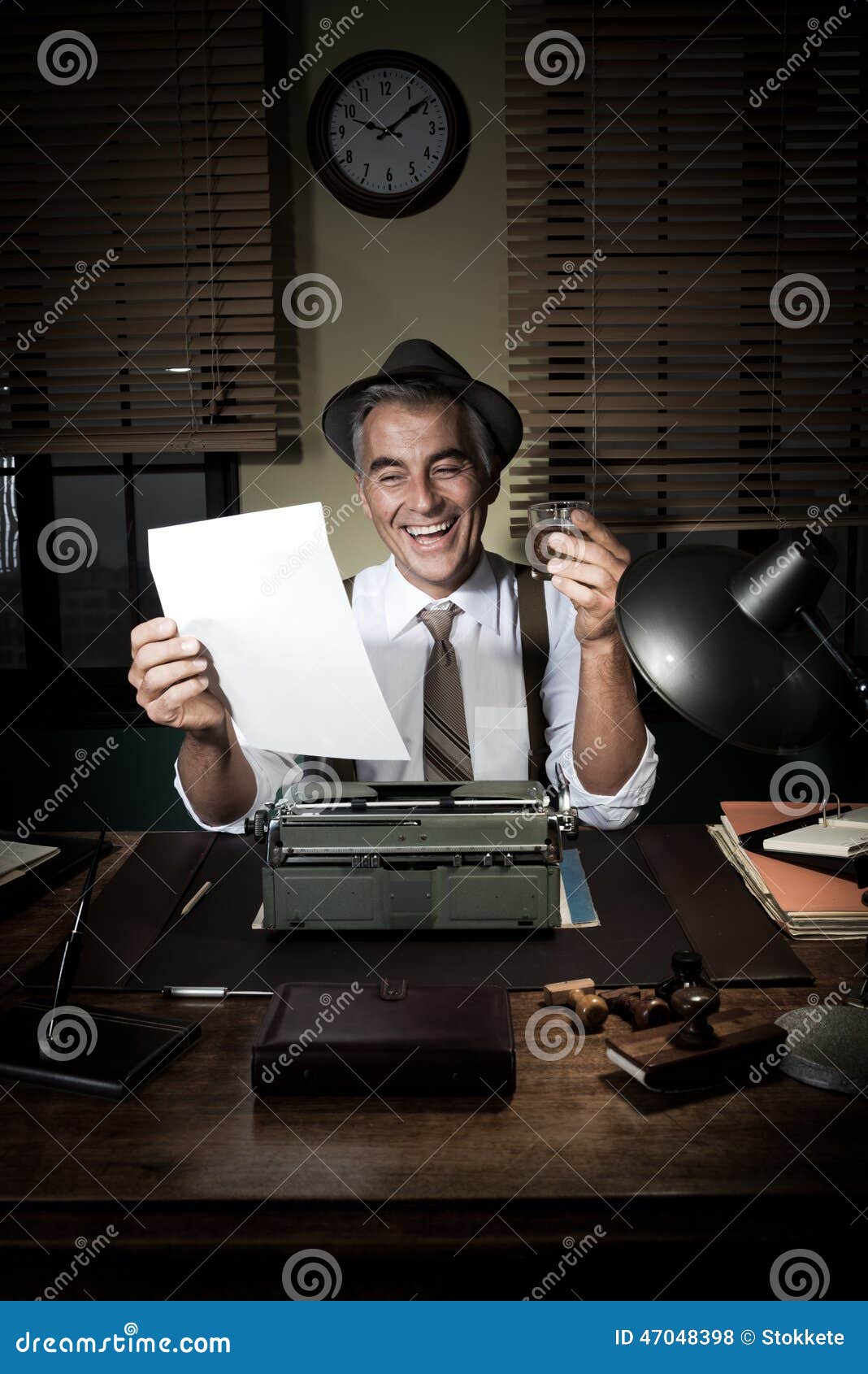 Cheerful Reporter at Work Having a Drink Stock Photo - Image of ...