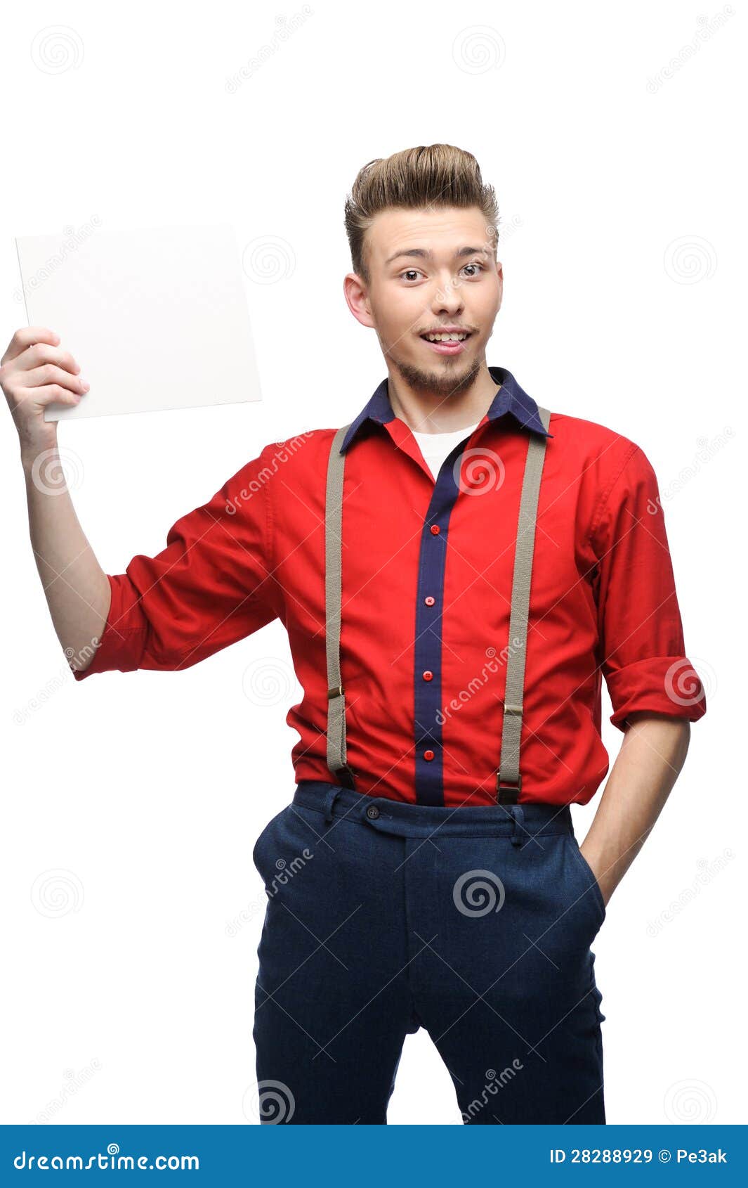Cheerful Retro Man Holding Sign Stock Image - Image of happy, humor ...