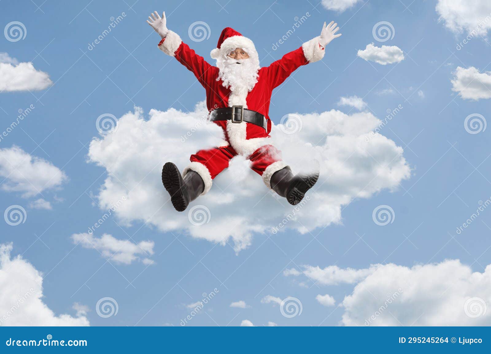 Cheerful Santa Claus Floating on Clouds Stock Photo - Image of costume ...