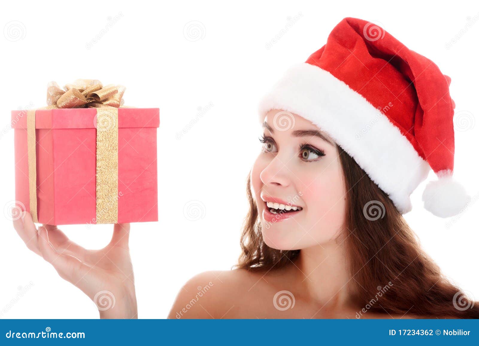 Cheerful Santa Helper Girl with a Gift Box. Stock Photo - Image of gift ...