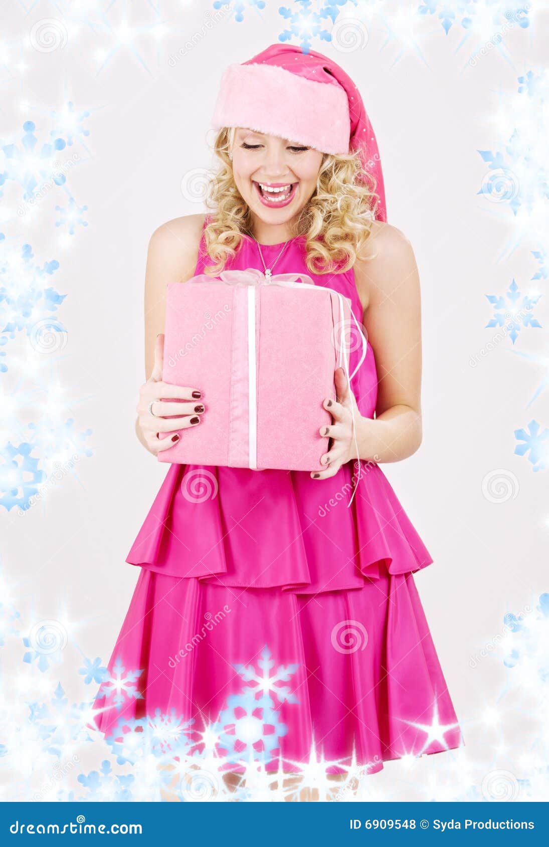 Cheerful Santa Helper Girl with Gift Box Stock Photo - Image of jolly ...