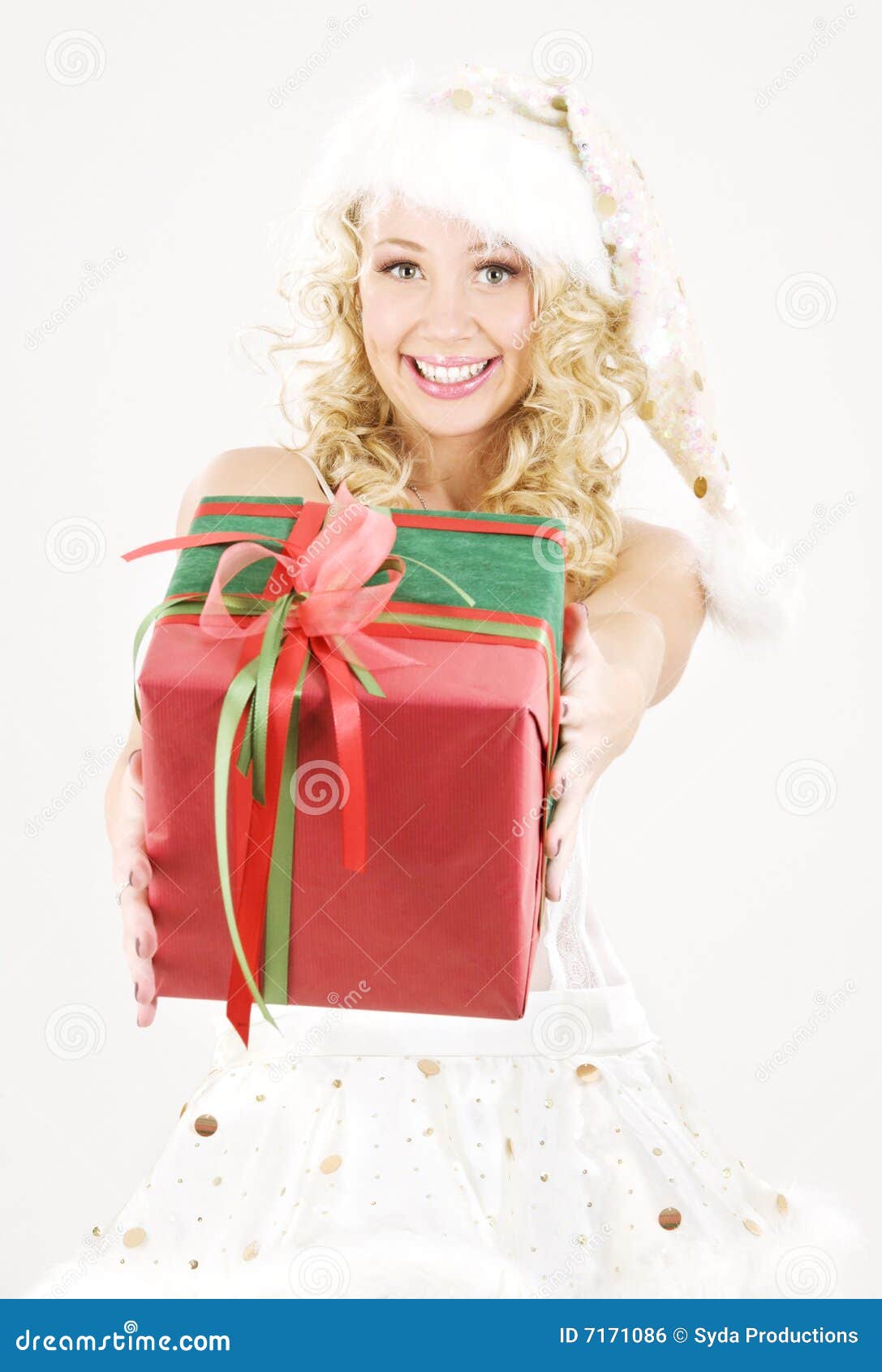 Cheerful Santa Helper Girl with Gift Box Stock Photo - Image of girl ...