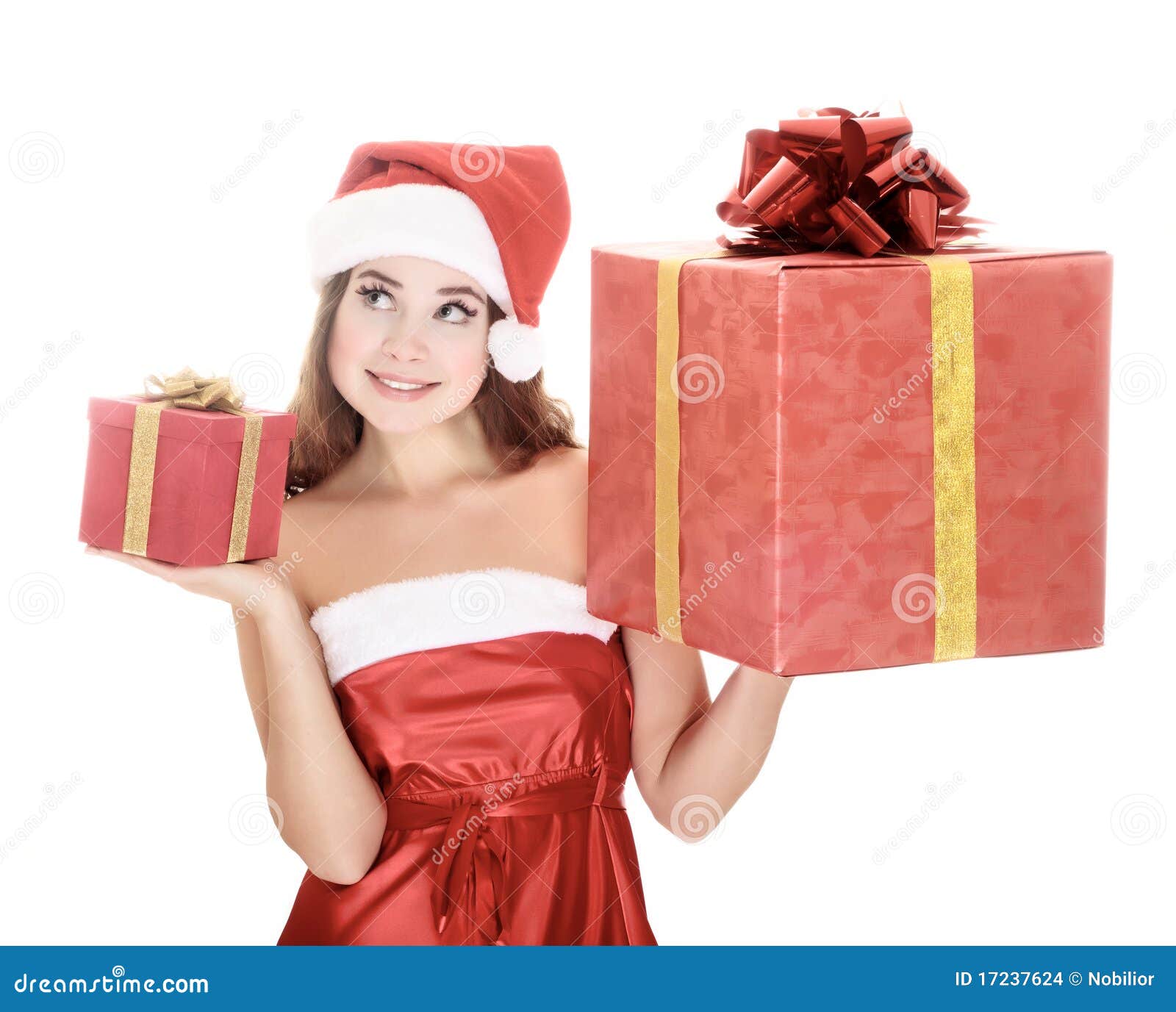 Cheerful Santa Helper Girl with Gift Boxes. Stock Photo - Image of ...
