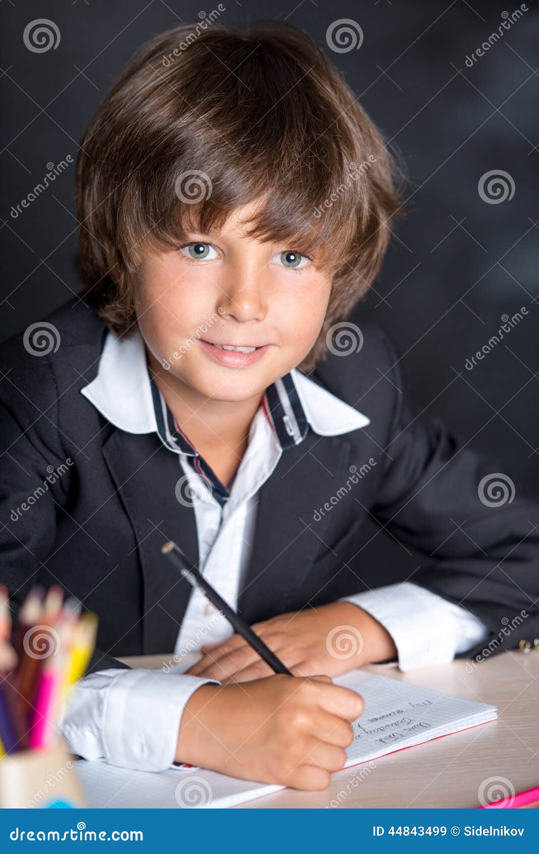Cheerful School Boy Writing in Notebook Stock Image - Image of desk ...