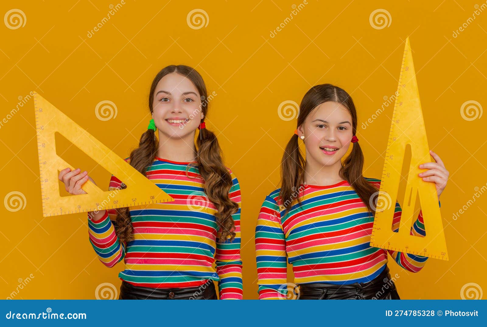 Cheerful School Children Hold Math Tool of Triangle Stock Photo - Image ...