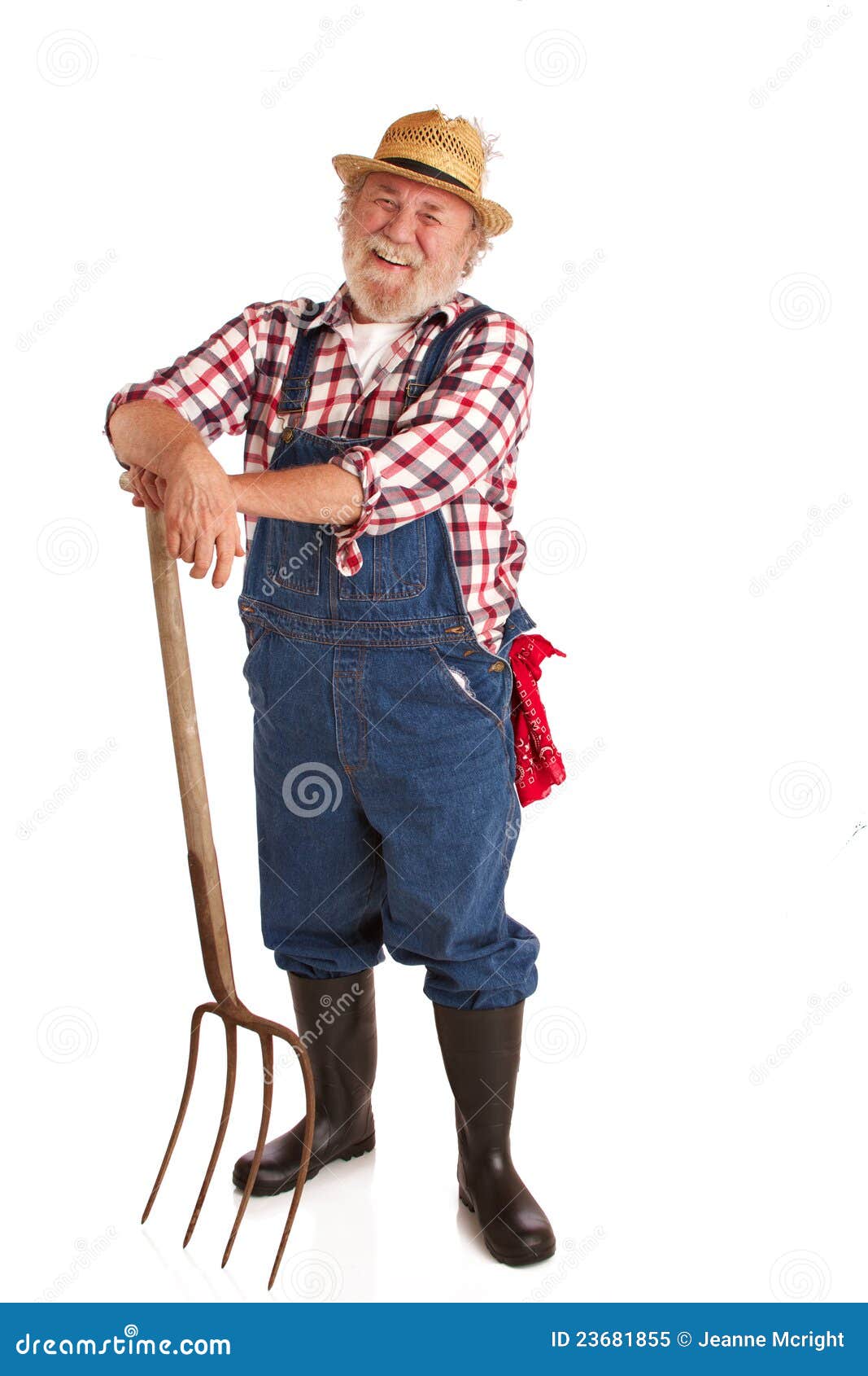 Cheerful Senior Farmer Leaning on Hay Fork Stock Image - Image of ...