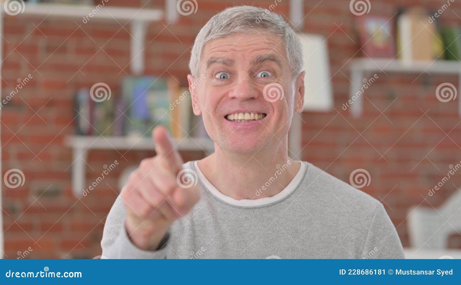 Cheerful Old Man Pointing Finger Stock Image - Image of working, hand ...