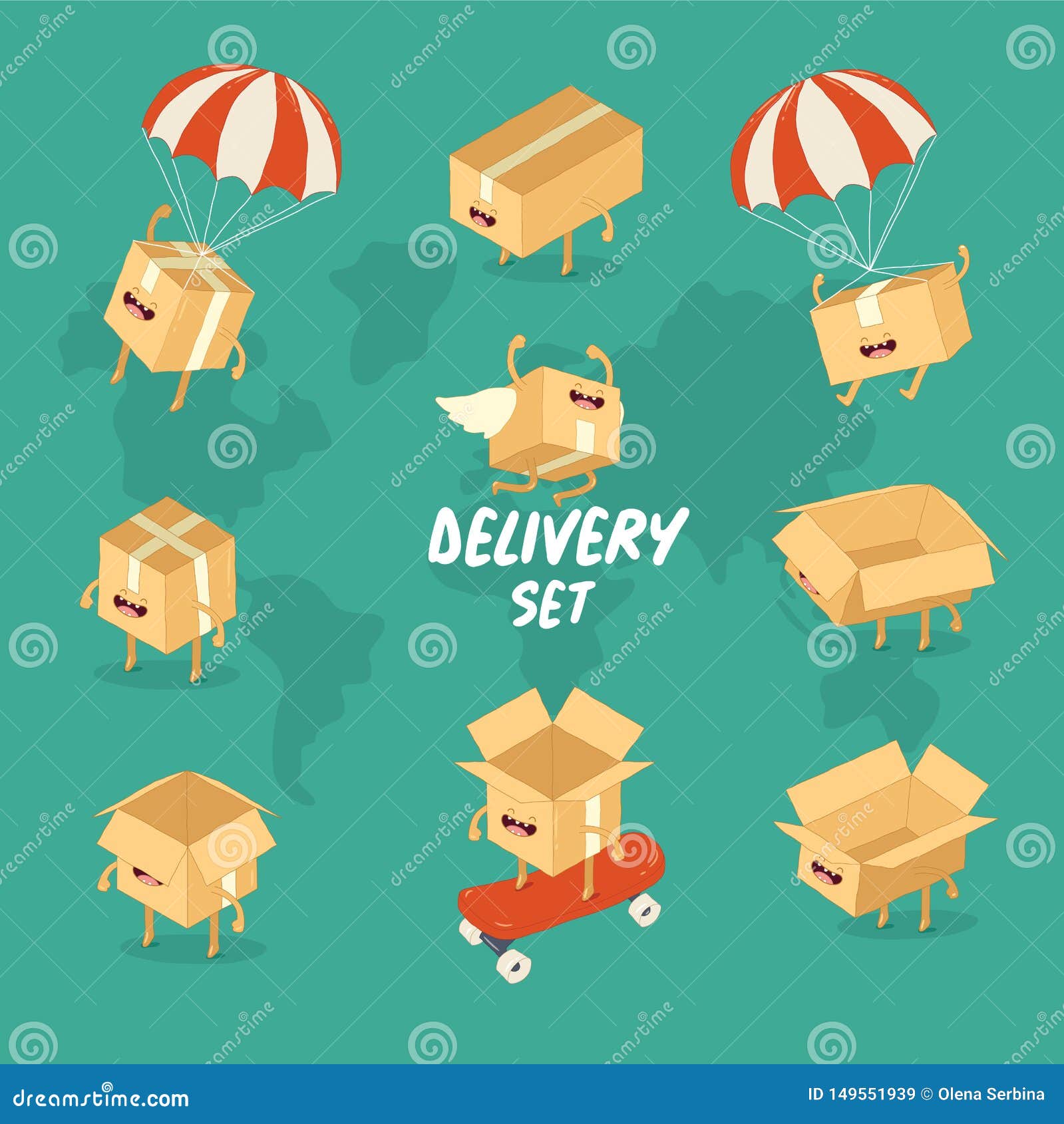 Cheerful Set of Delivery Boxes. Vector Graphics Stock Illustration ...