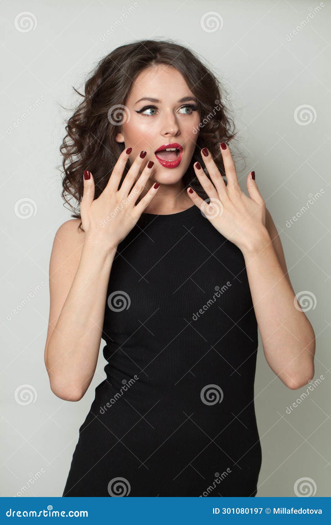 Cheerful Shocked Surprised Brunette Woman With Make Up Curly Brown