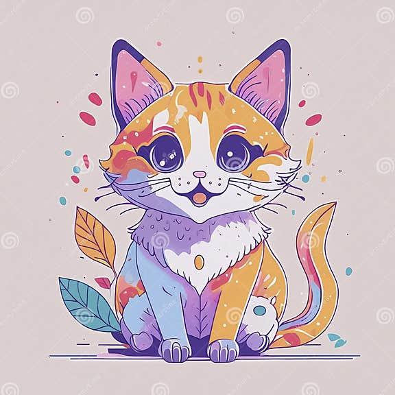 Happy Cat Drawing in Line Style with Many Colours Stock Illustration ...