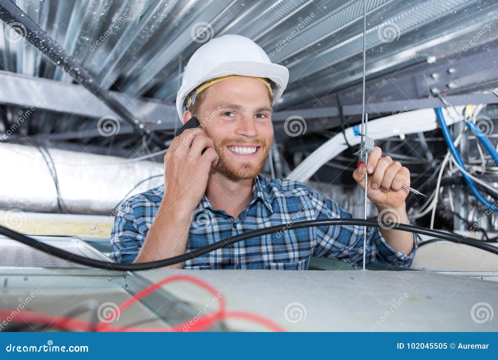 Cheerful Smiling Builder Working in Ceiling Stock Image - Image of ...