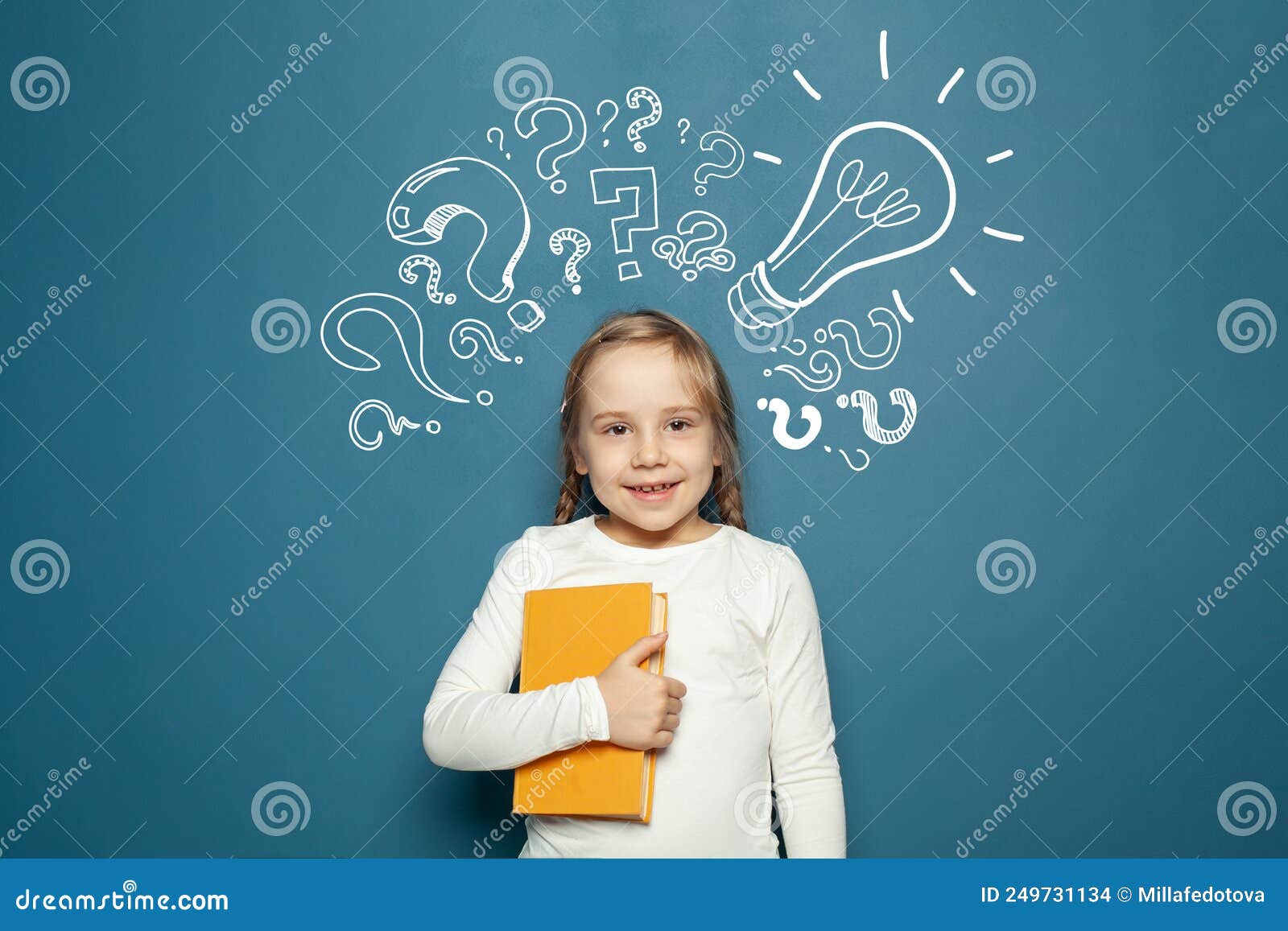 Cheerful Smiling Child School Student with Yellow Book, Lightbulb and ...