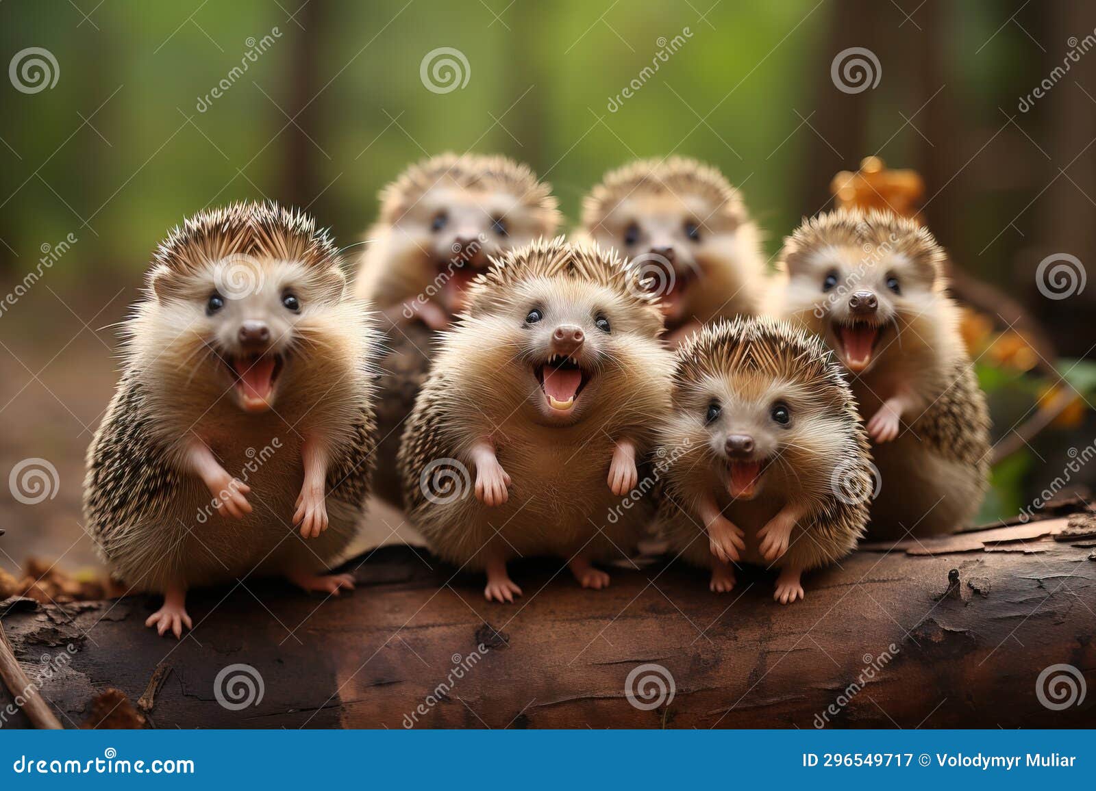 Cheerful Smiling Hedgehogs in the Forest on a Tree Trunk Stock ...