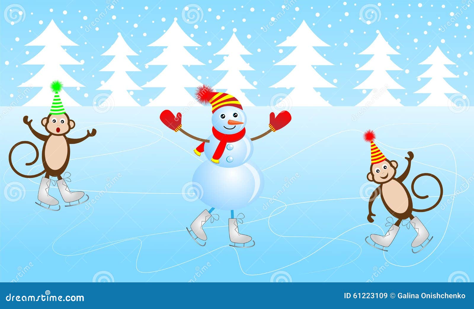 Cheerful Snowman and Two Monkeys Skate on the Ice Stock Vector ...