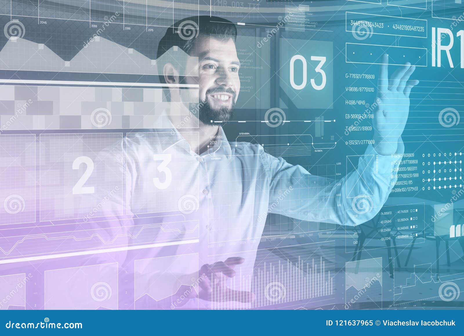 Cheerful Software Developer Touching the Transparent Screen and Smiling ...