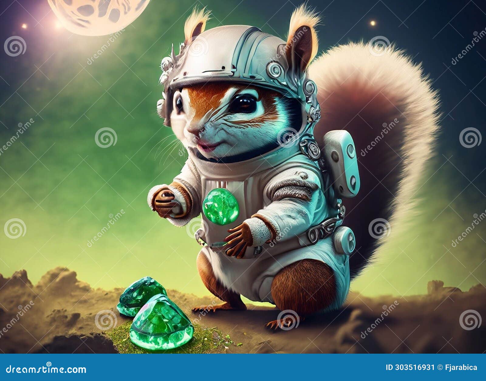 Cheerful Squirrel in Space Suit with Green Emerald Stock Illustration ...