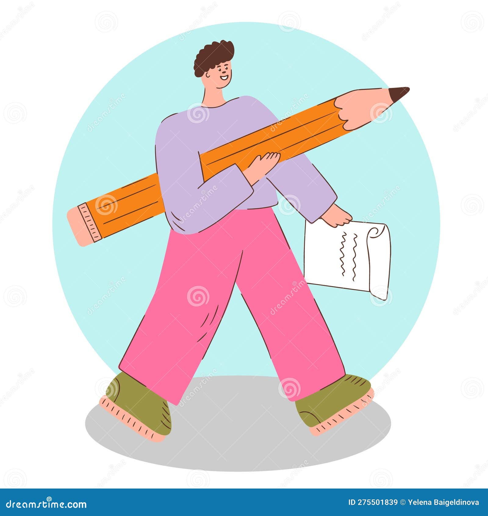 Cheerful Student with a Big Pencil in His Hands.School Education. Flat ...