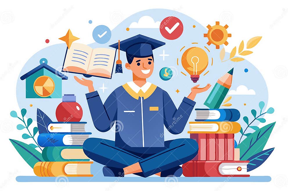 A Cheerful Student Sits Cross-legged with Books, Exploring Knowledge ...