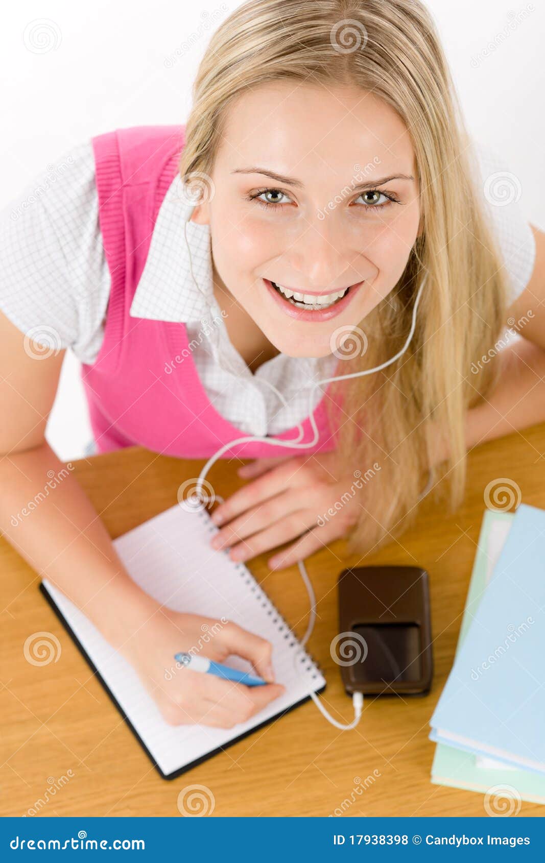 Cheerful Student Woman Write Homework Stock Photo - Image of attractive ...