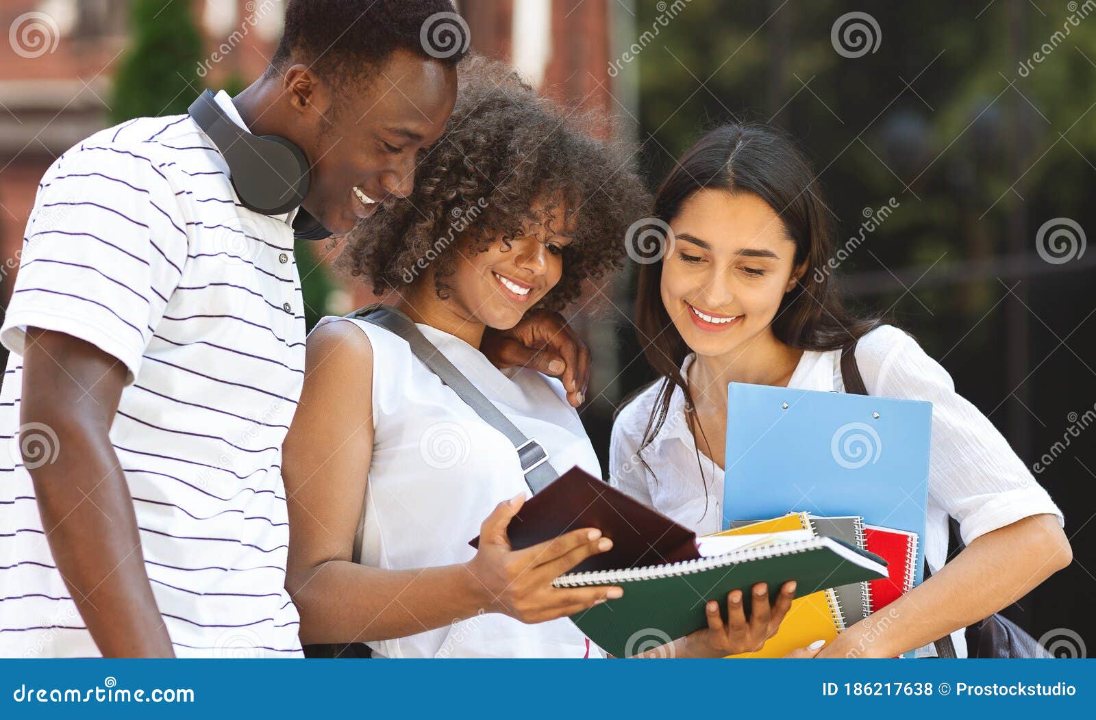 Cheerful Students Studying Outdoors, Standing in College Campus ...