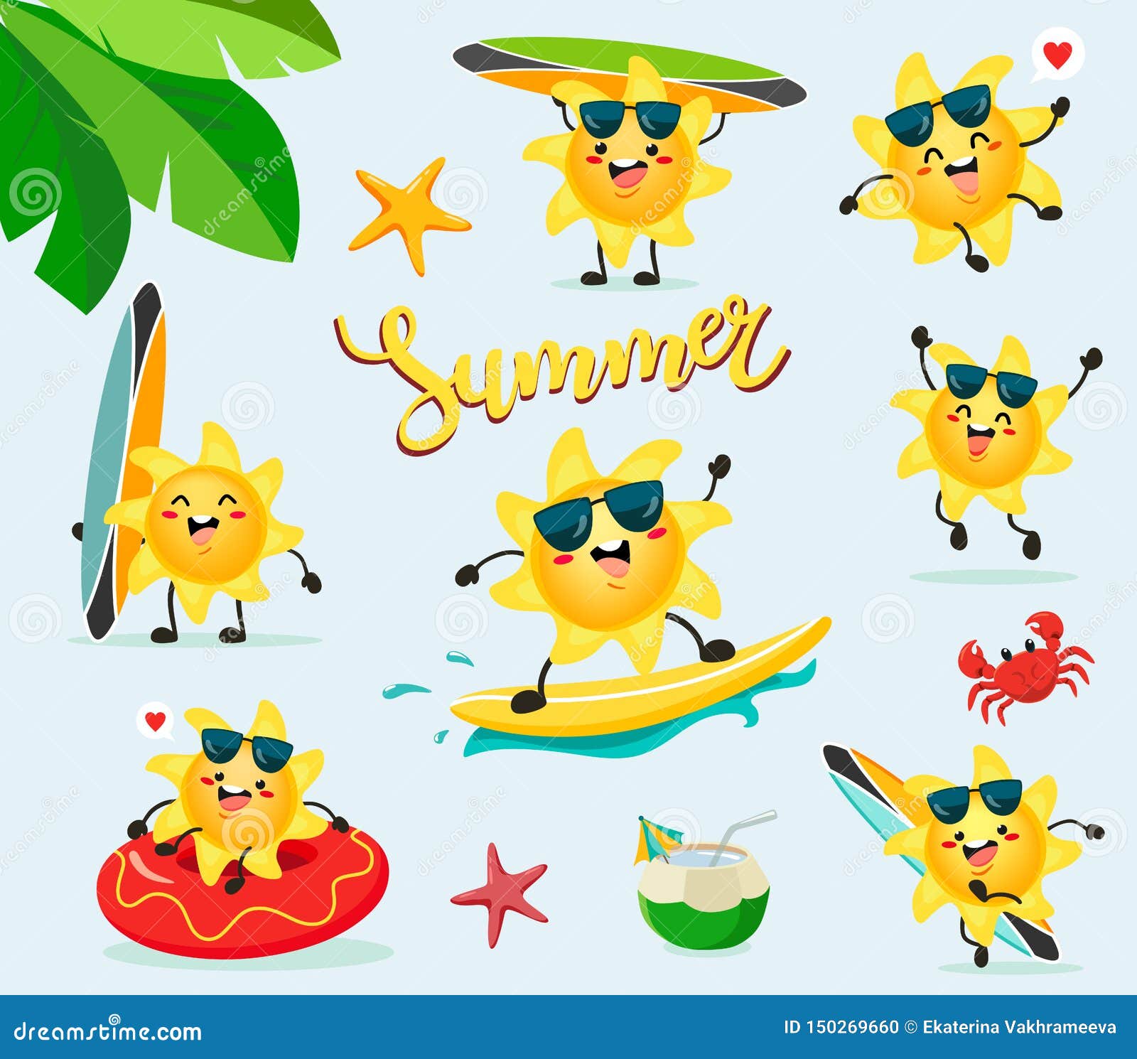 Cheerful Sun is Resting on the Beach. Vector Set in Cartoon Style Stock ...