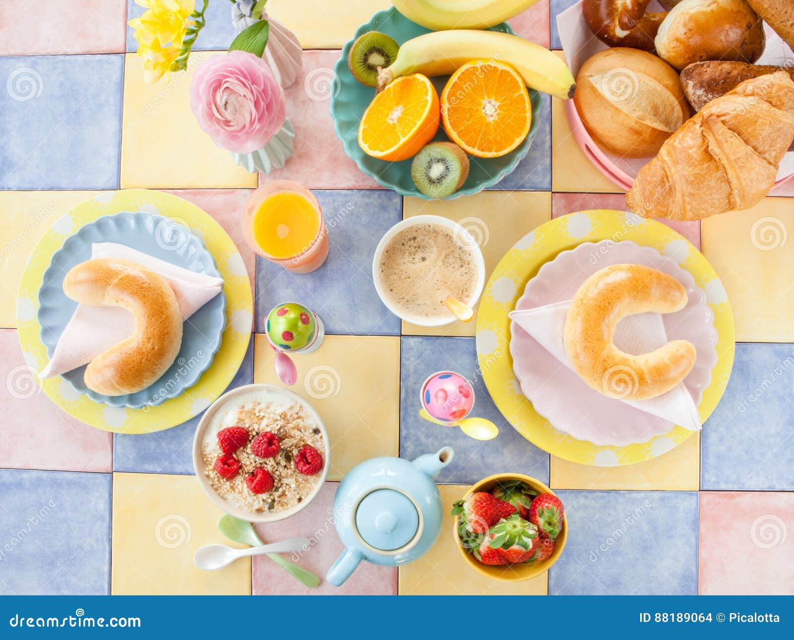 Cheerful Table Setting for Breakfast Stock Photo - Image of dots ...