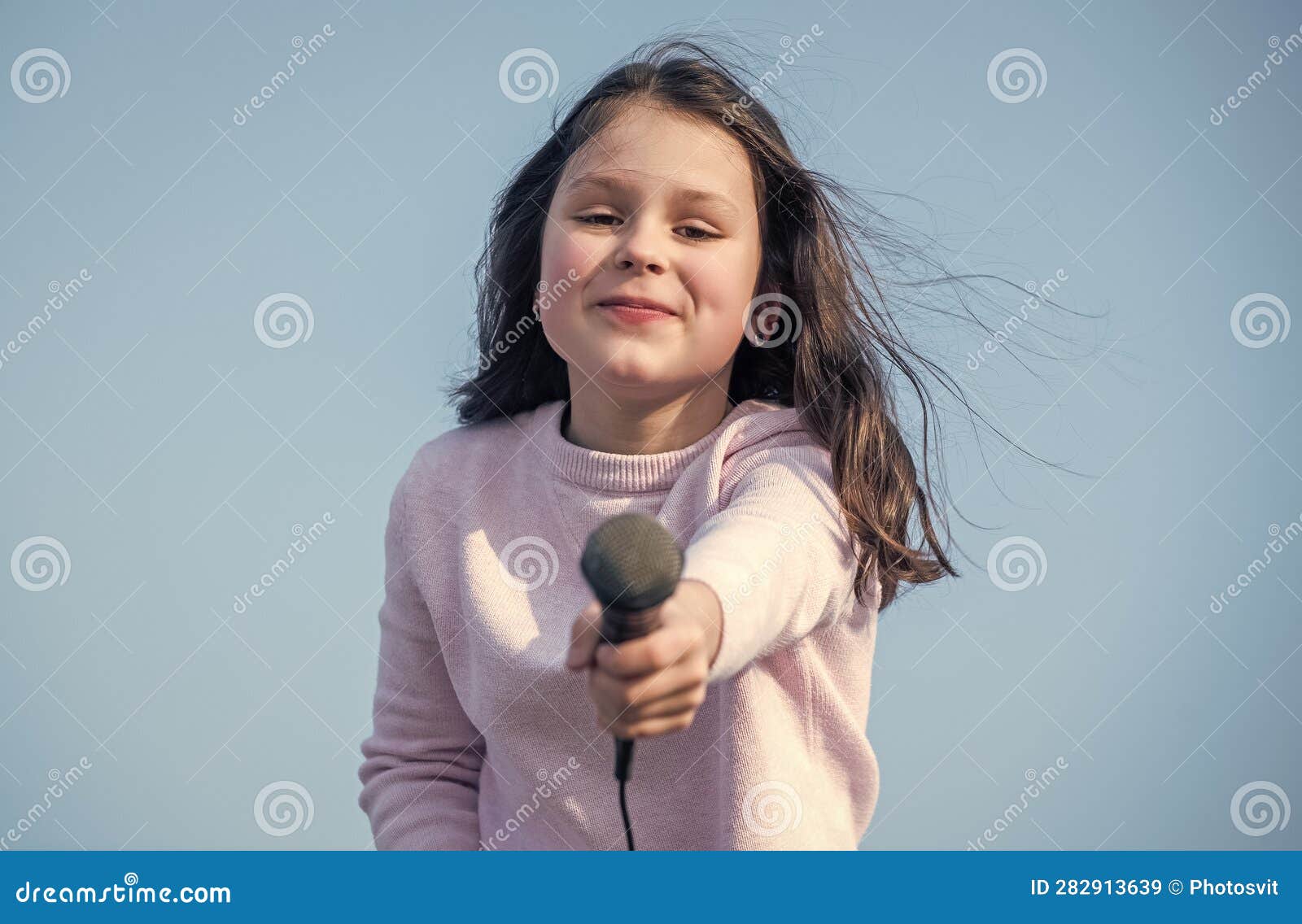 Cheerful Teen Kid Journalist Interviewing with Microphone Stock Image ...