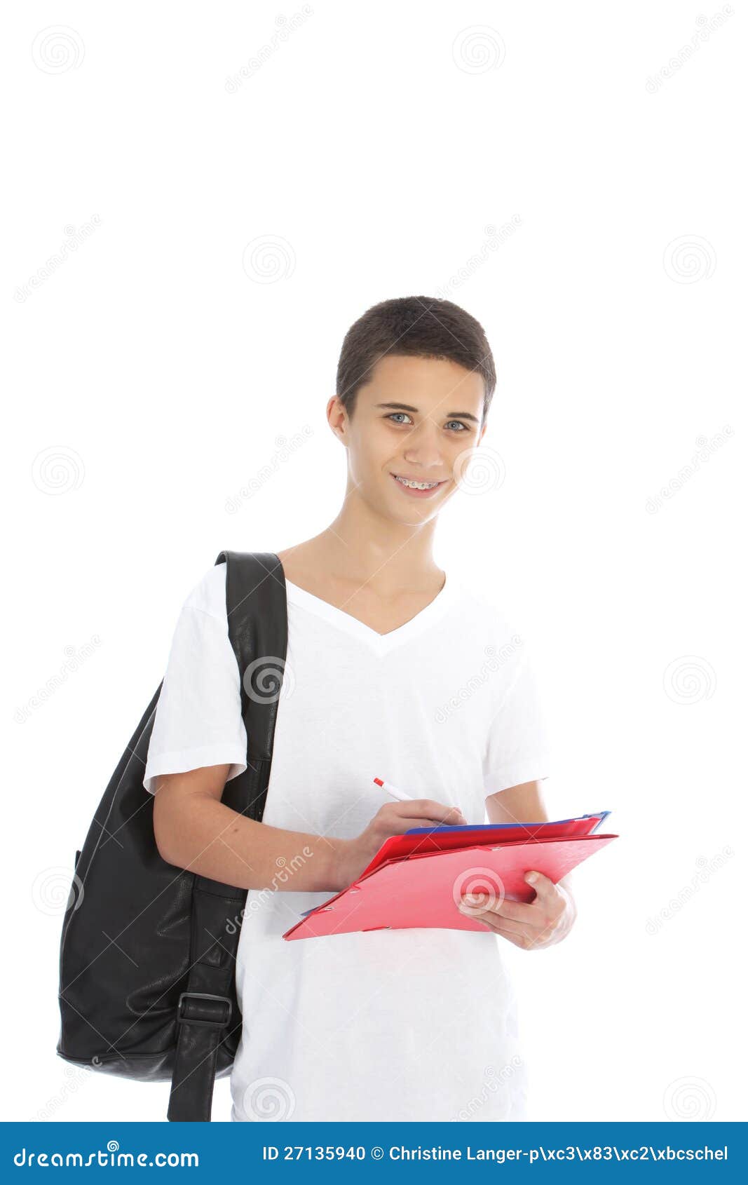 Cheerful Teenage Boy Writing in File Stock Photo - Image of homework ...