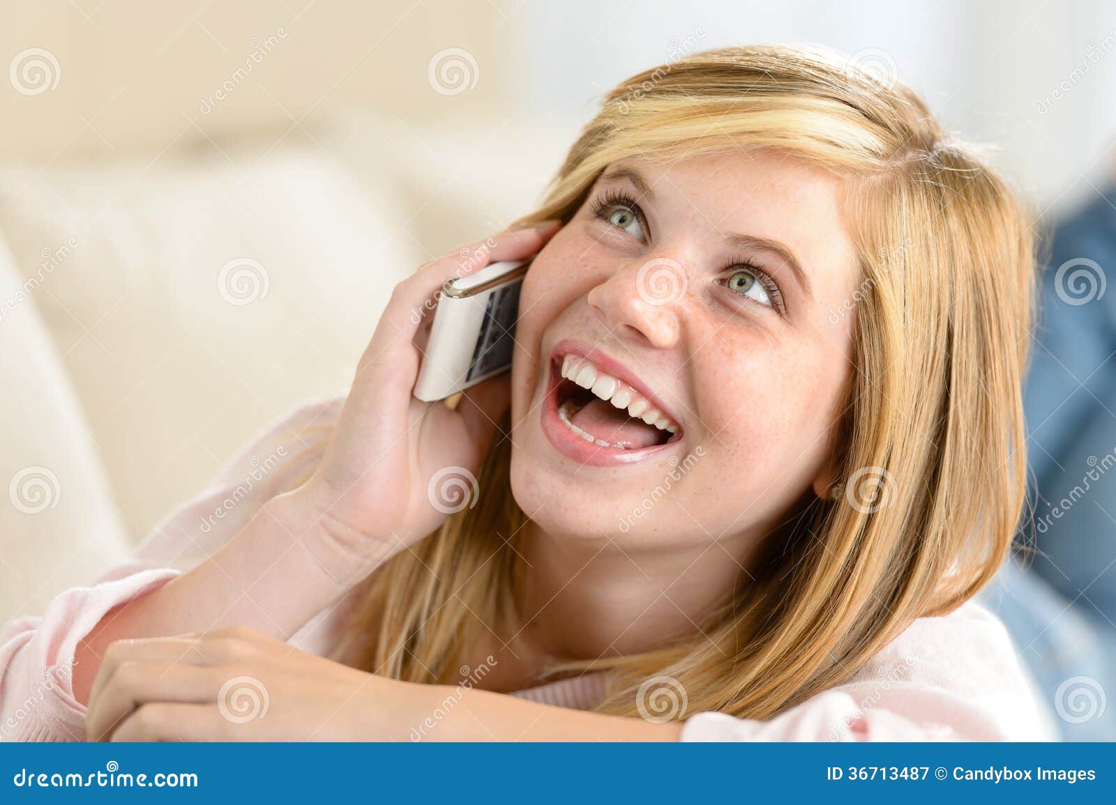 Cheerful Teenage Woman Laughing Calling On Phone Stock Image Image Of