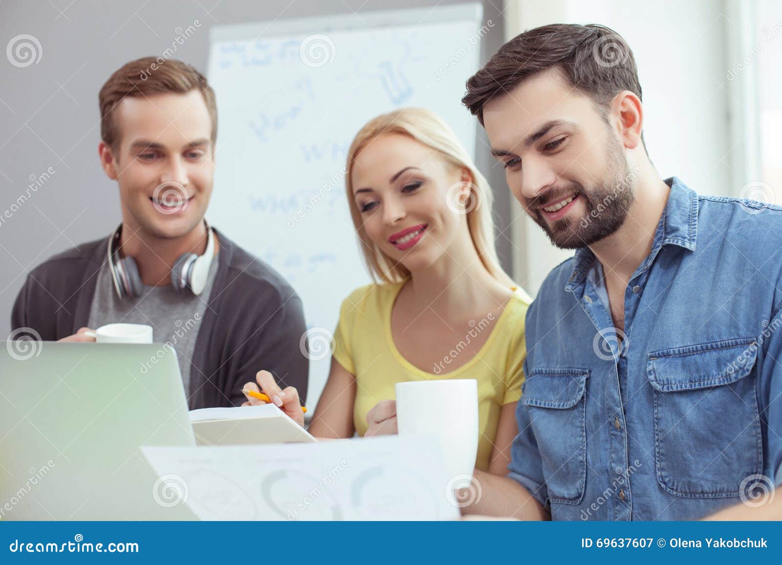 Cheerful Three Colleagues are Working on Project Stock Image - Image of ...