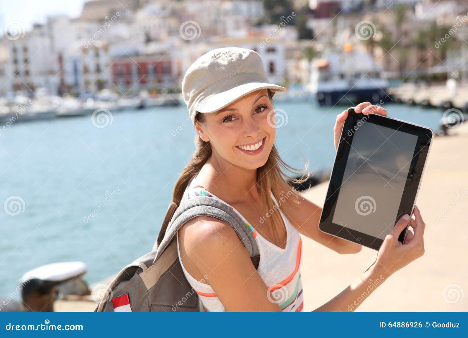 Cheerful Tourist with Tablet Stock Photo - Image of portrait, balear ...