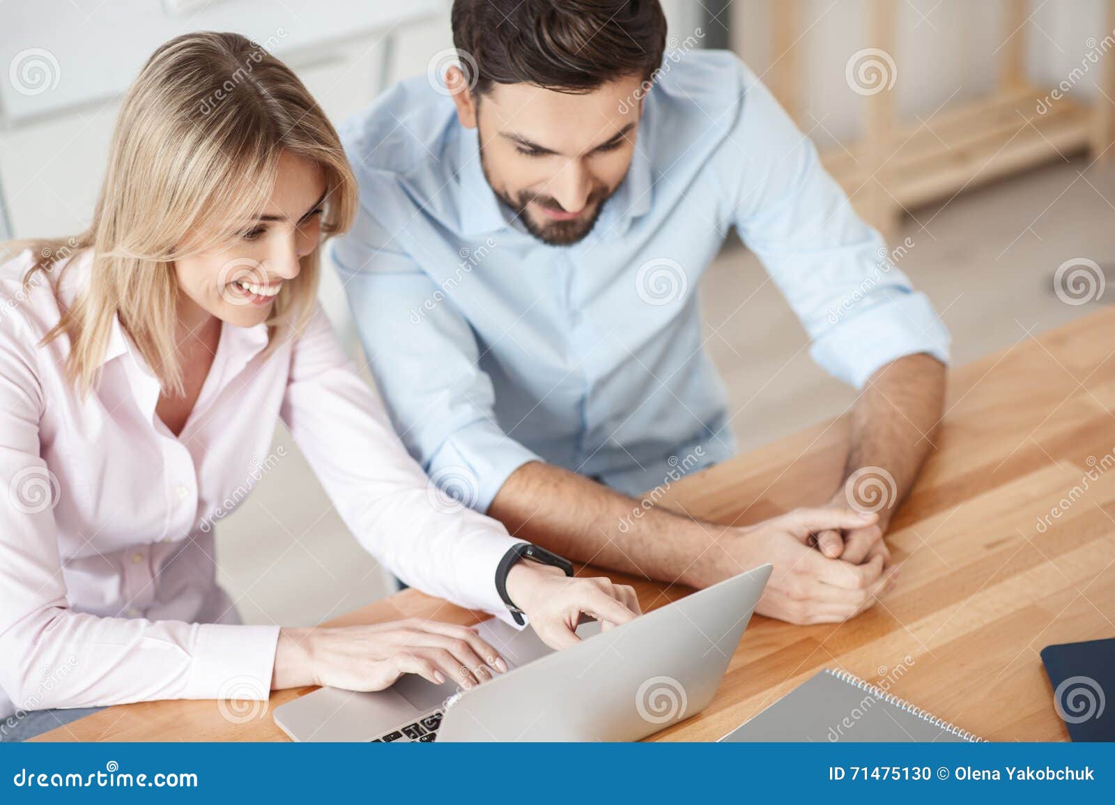 Cheerful Two Workers are Using a Computer Stock Photo - Image of male ...