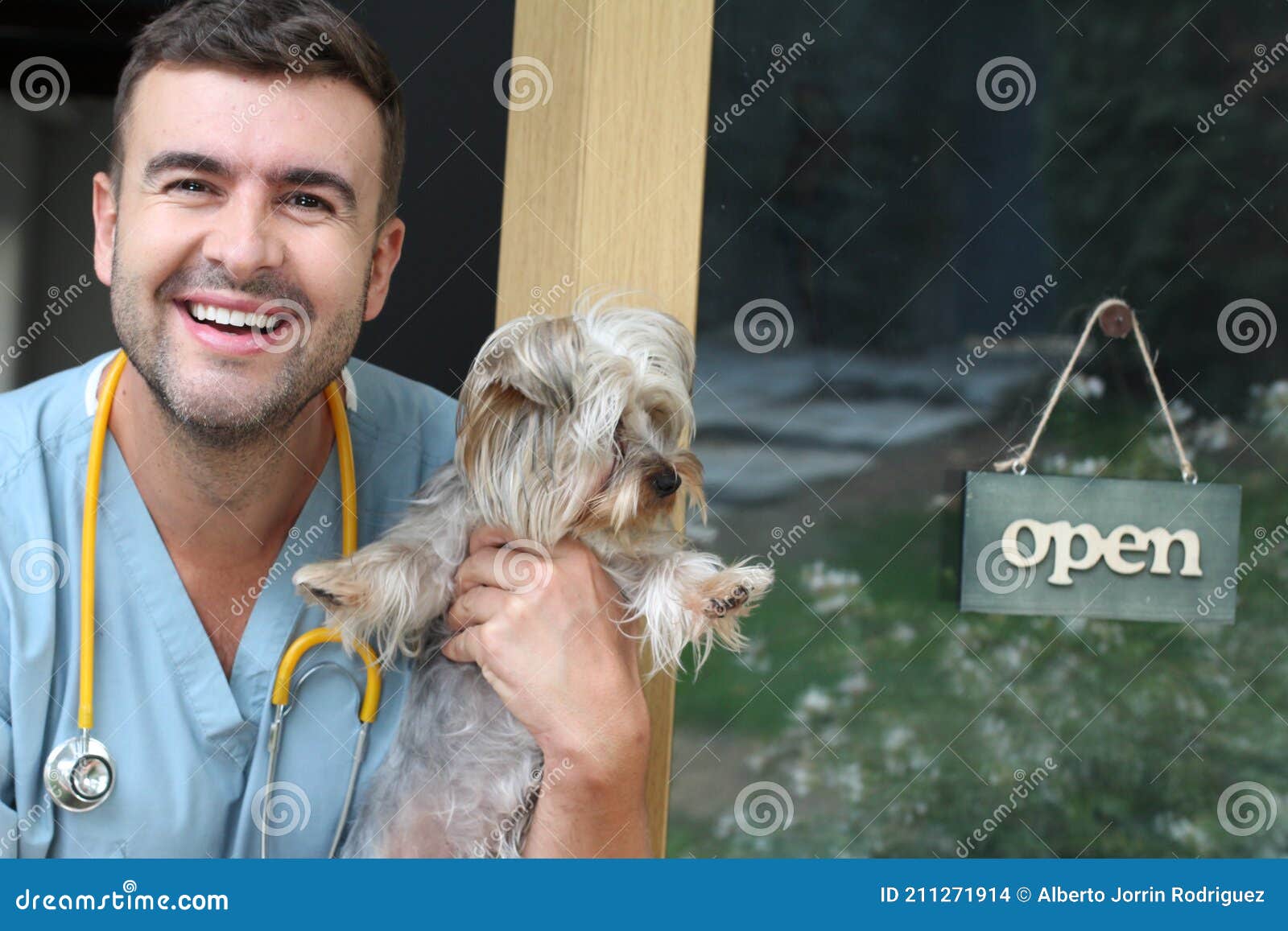 Cheerful Veterinary with Open Sign Stock Photo - Image of essential ...