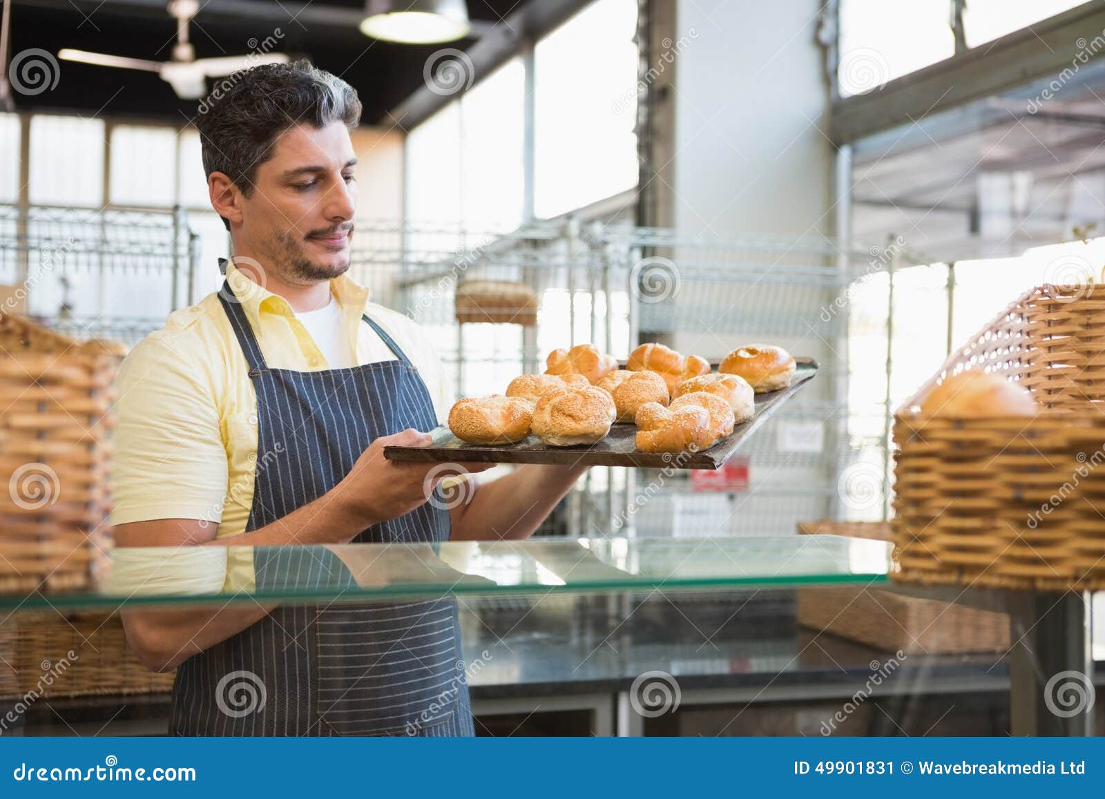 Cheerful Waiter Holding Tray of Breads Stock Image - Image of coffee ...