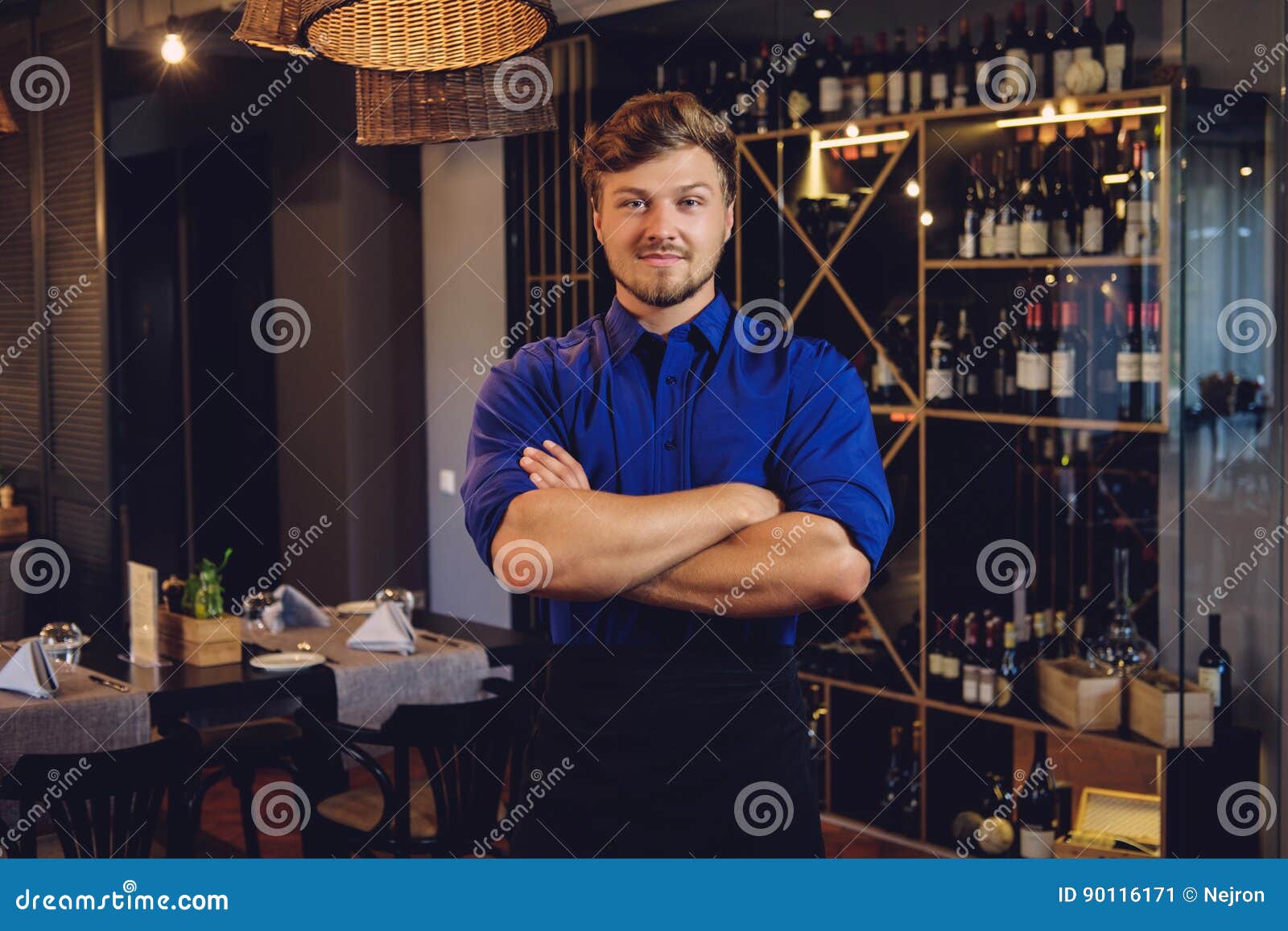 Cheerful Waiter in Modern Restaurant Stock Image - Image of beverage ...