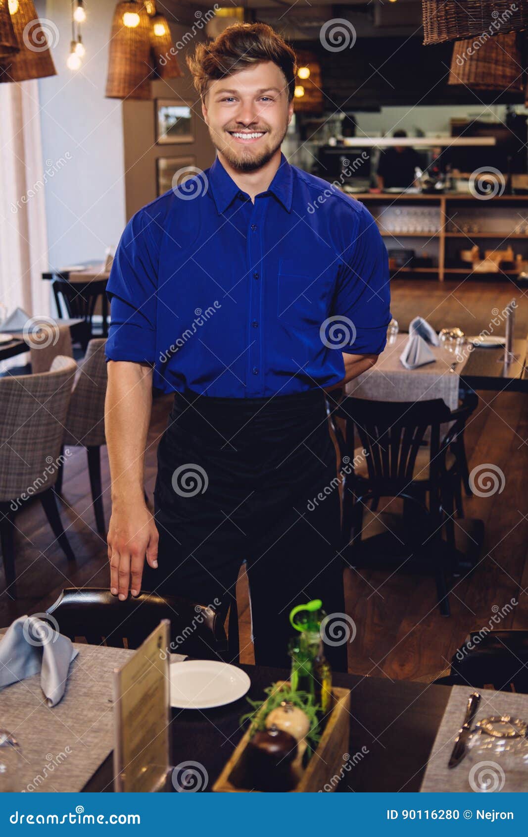 Cheerful Waiter in Modern Restaurant Stock Photo - Image of restaurant ...