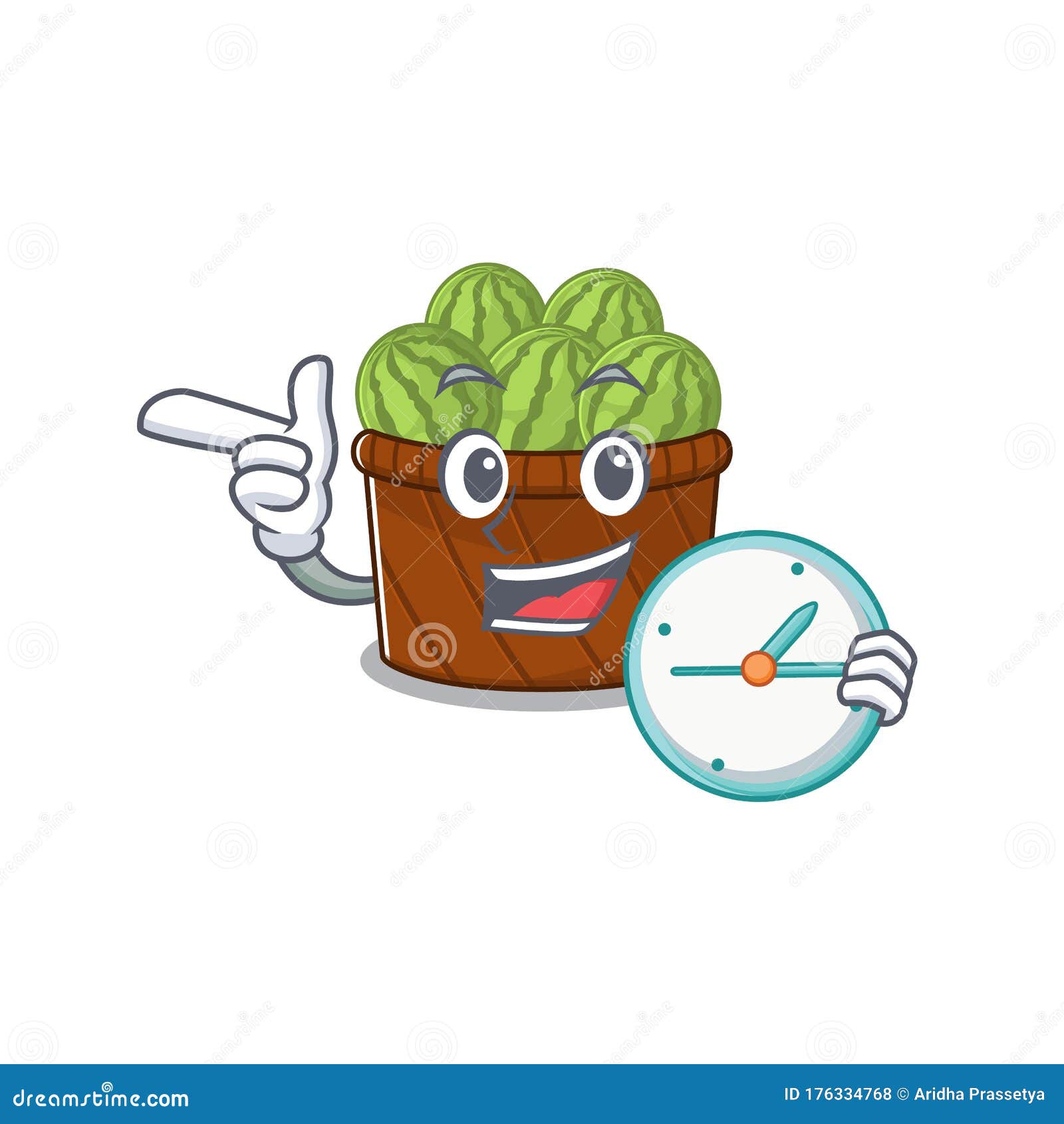 Cheerful Watermelon Fruit Basket Cartoon Character Style with Clock ...