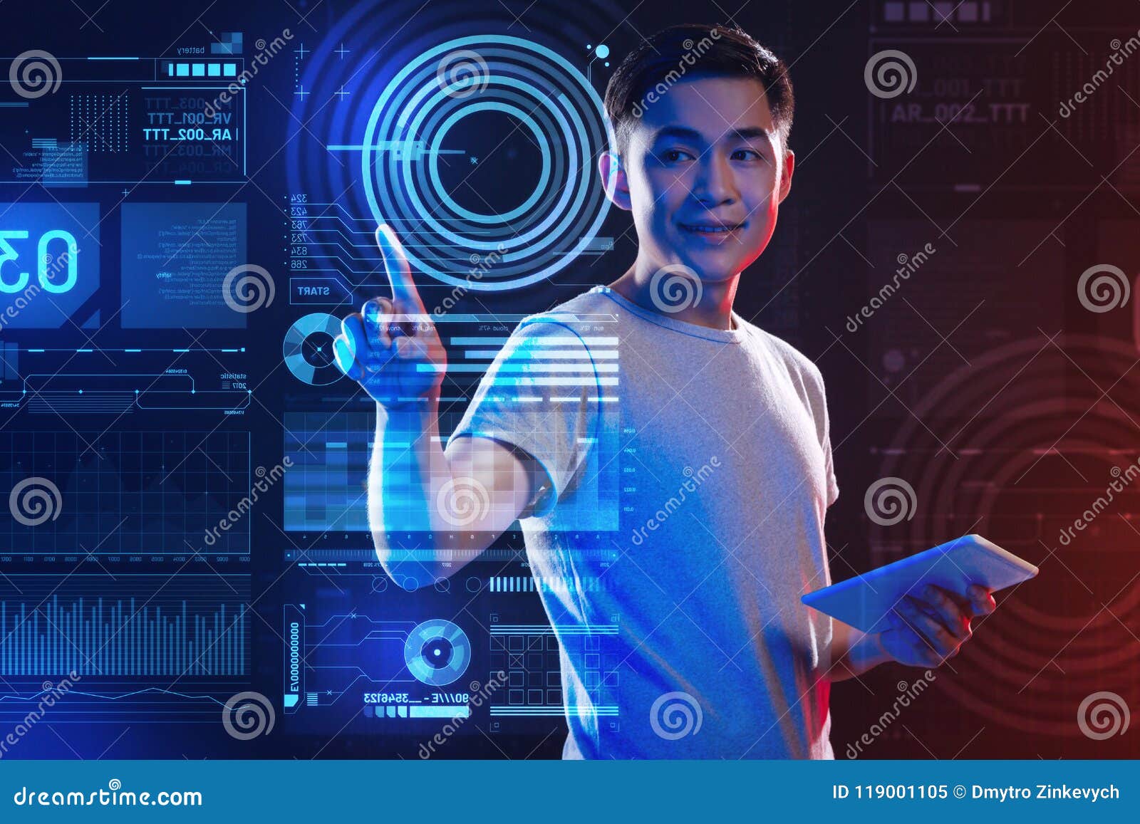 Cheerful Web Developer Using Holograms and Enjoying His Work Stock ...