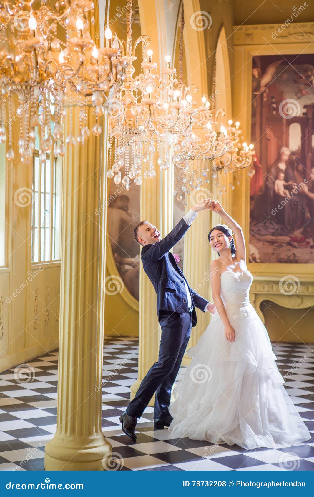 Cheerful Wedding Couple Dancing in Church Stock Photo - Image of ...