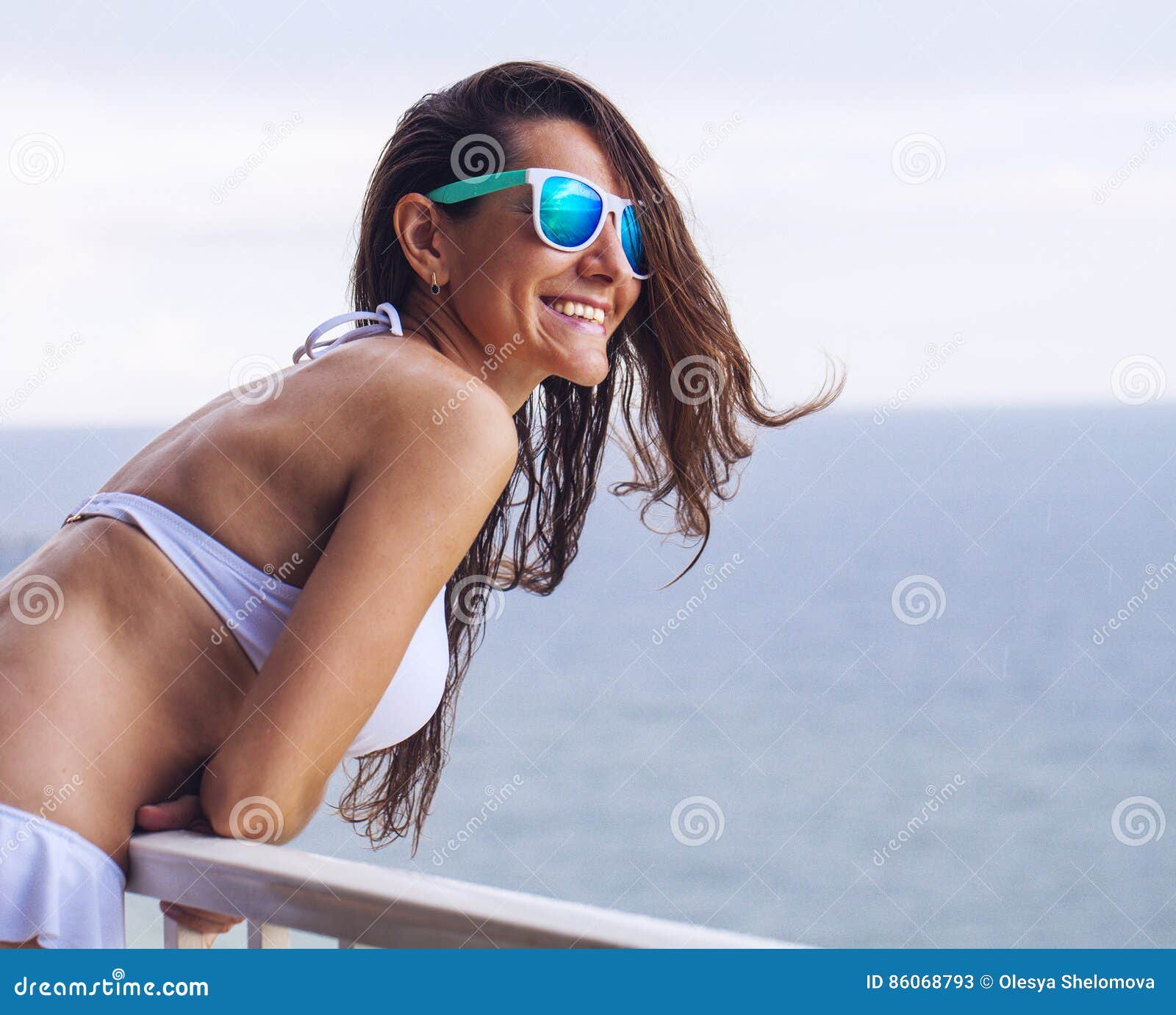 Cheerful Woman In Bikini And Sunglasses On Sea Stock Image Image Of