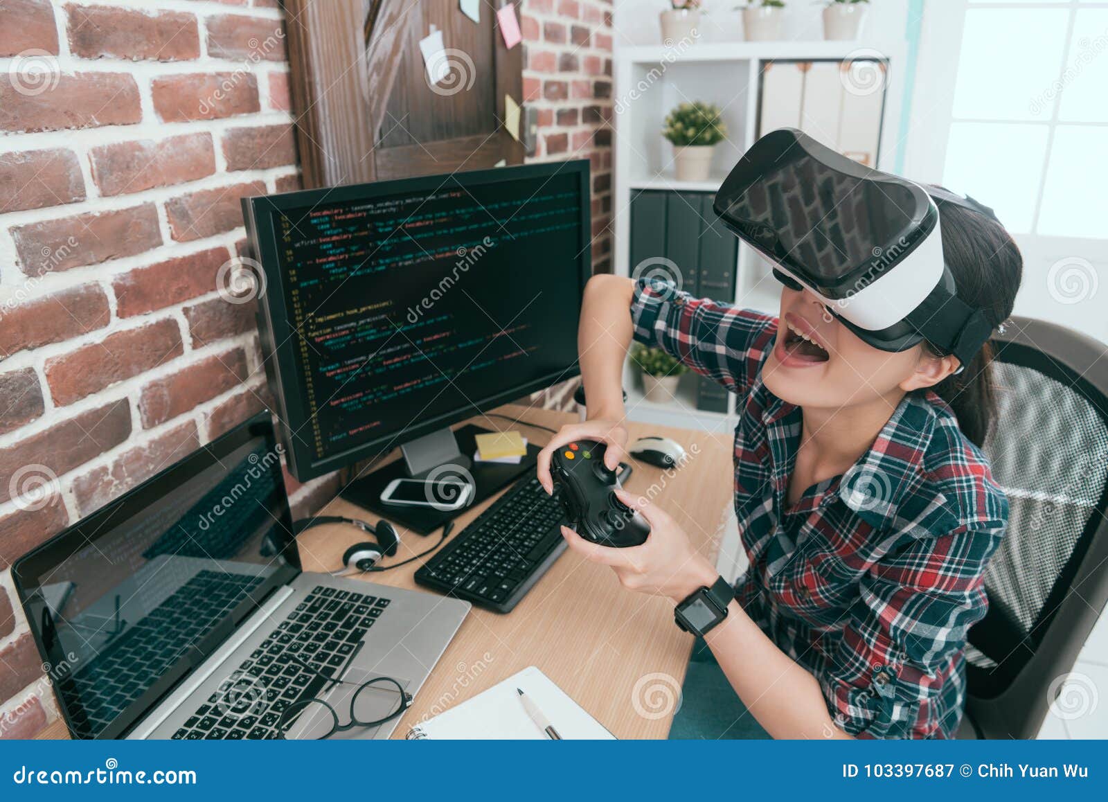 Cheerful Woman Computer Engineer Finished Work Stock Image - Image of ...