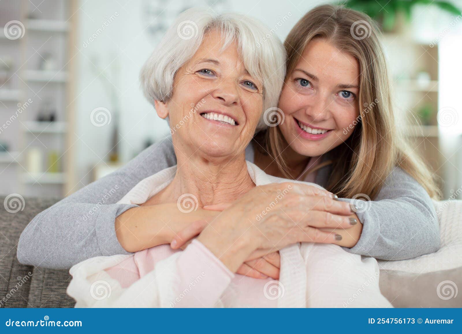Cheerful Woman Embracing Senior Mother Stock Image Image Of