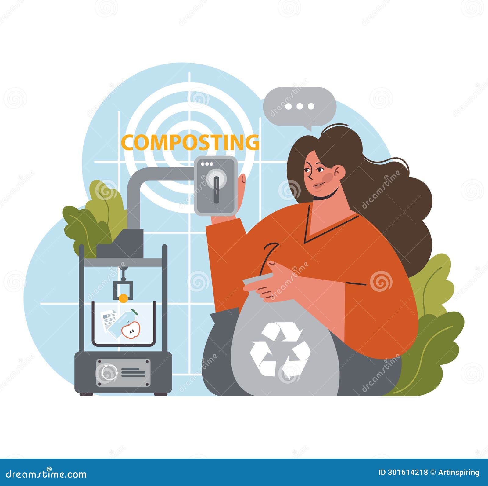 Cheerful Woman Guides Composting Process in Urban Setting. Flat Vector ...