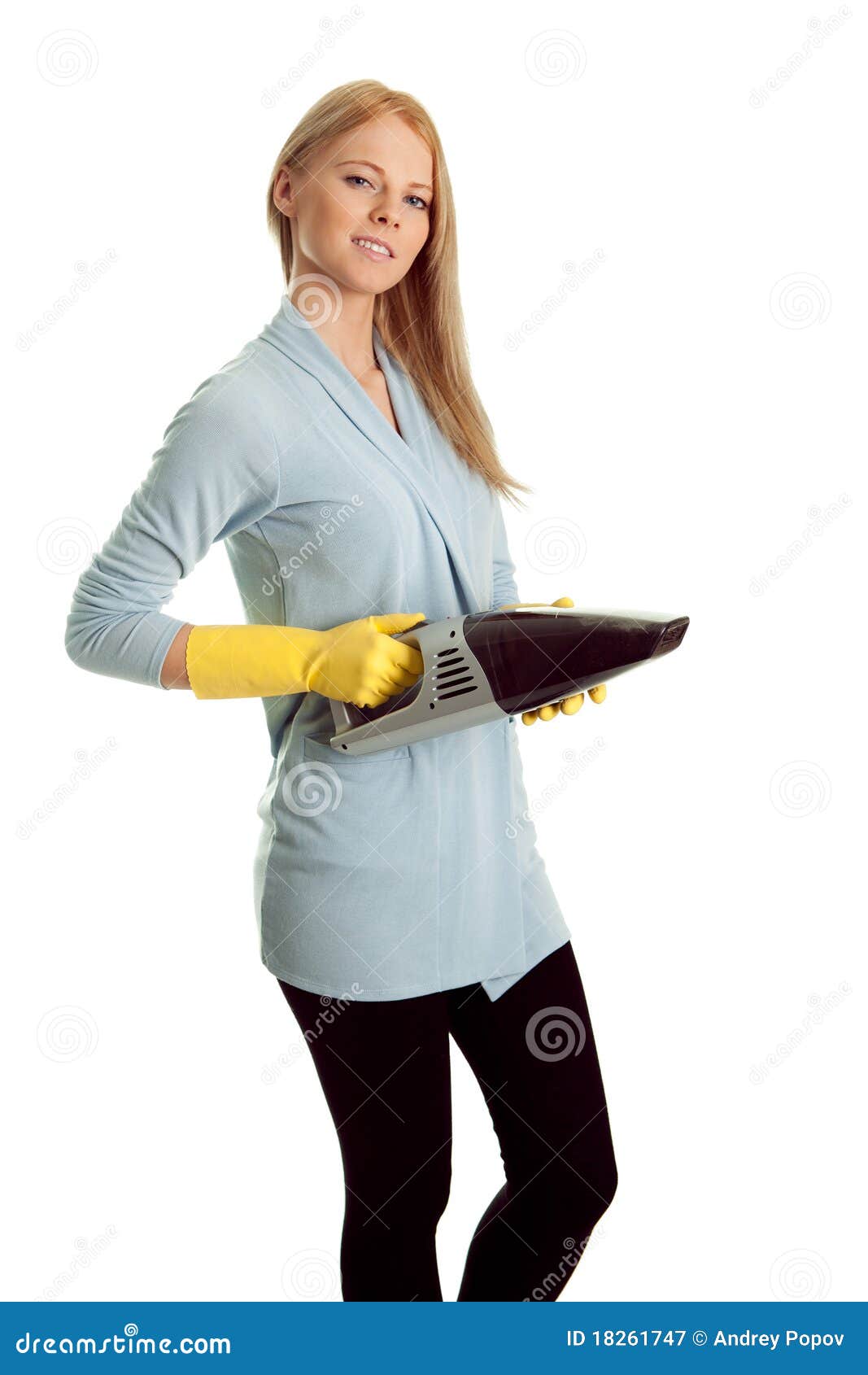 Cheerful Woman with Handheld Vacuum Cleaner Stock Image - Image of ...